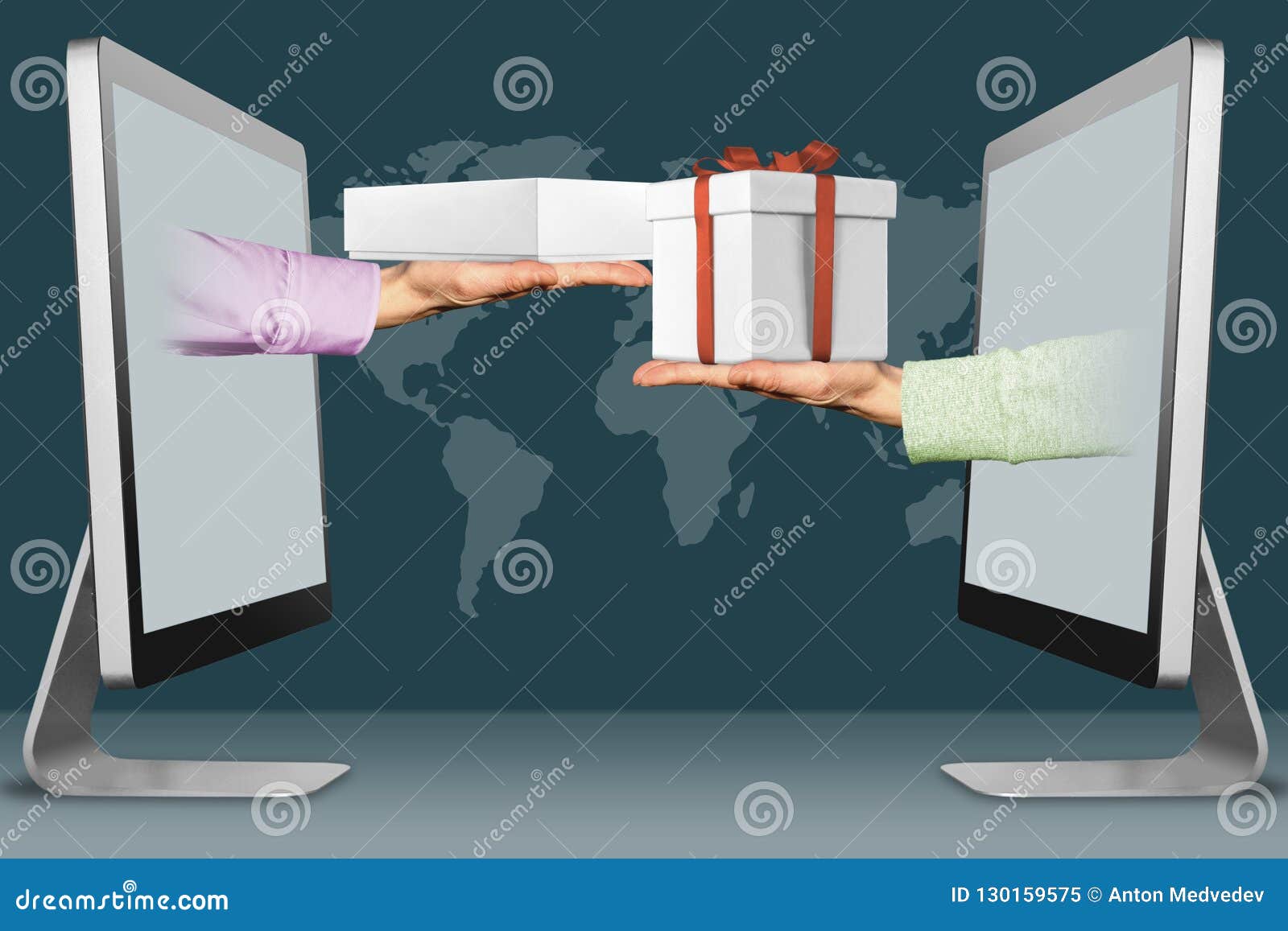 Electronic Concept, Two Hands from Monitors. Hand with White Tablet ...