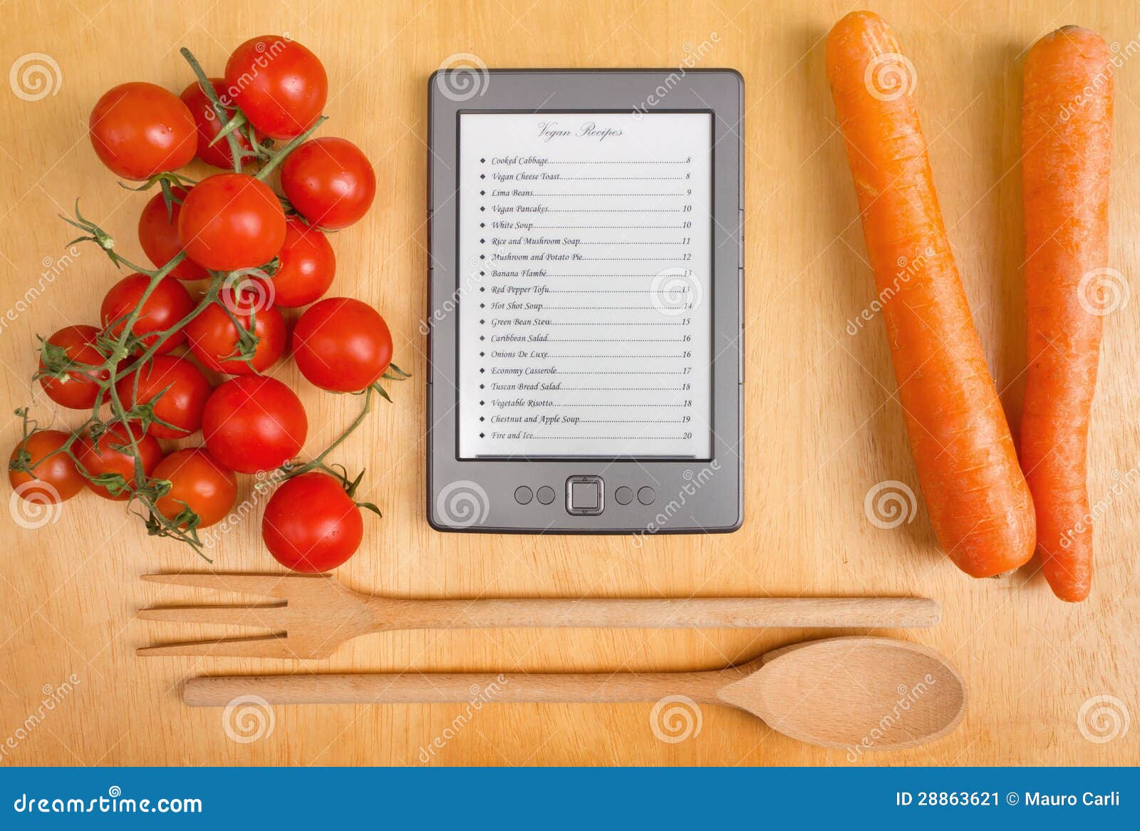 Electronic Cookbook in the Kitchen Stock Image - Image of tomato, fork ...