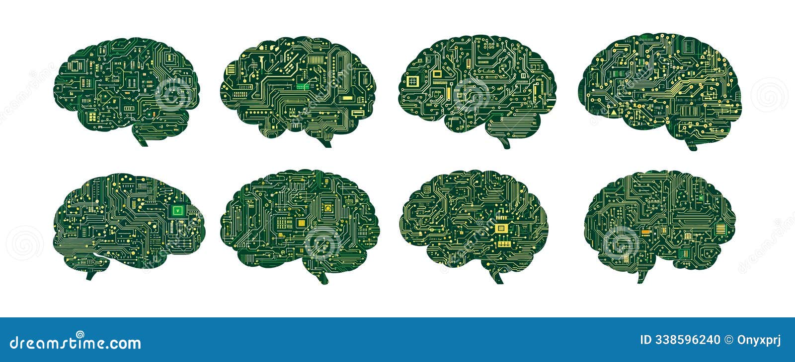 Electronic Cyber Brain Cartoon Vector Set. Circuits Ai Cpu Chip ...