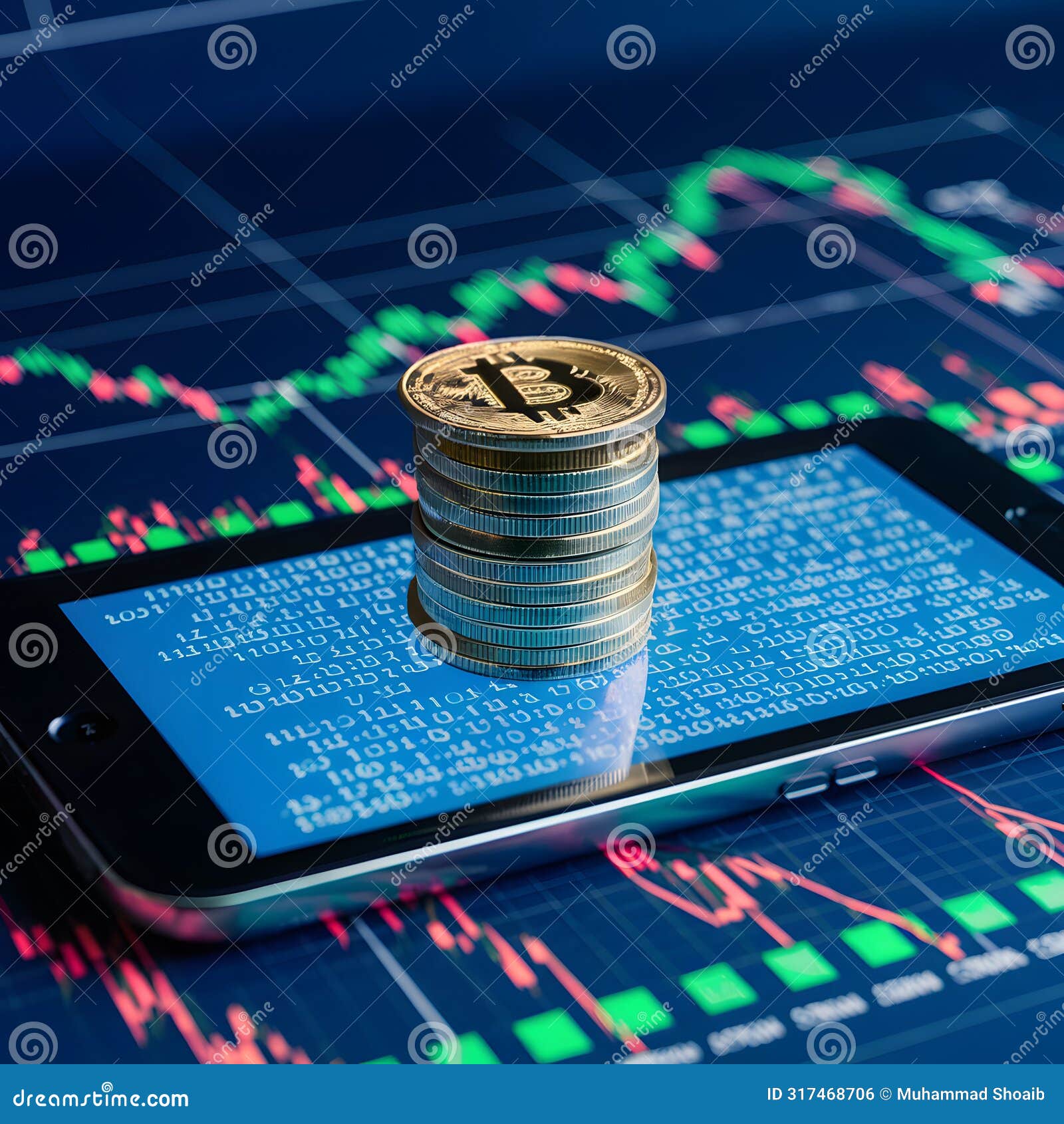 Electronic Device Showing Binary Code, Stack of Gold Coins, Stock Market Chart Stock ...