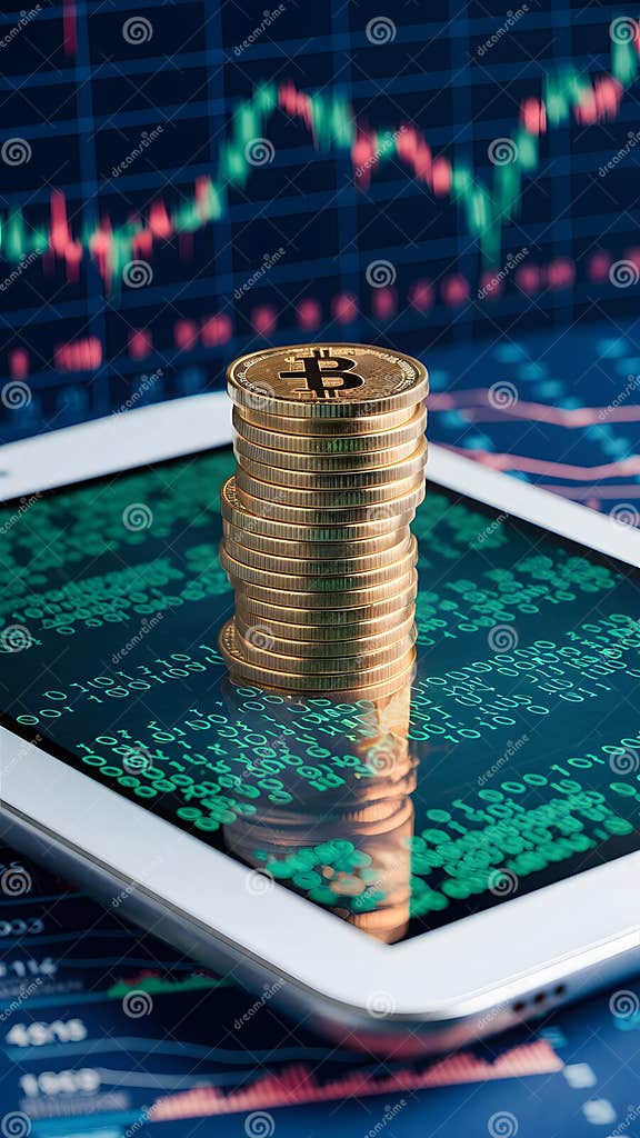Electronic Device Showing Binary Code, Stack of Gold Coins, Stock Market Chart Stock ...