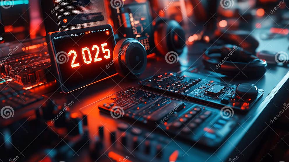 Electronic Devices Arranged on a Workspace with Illuminated Clock ...