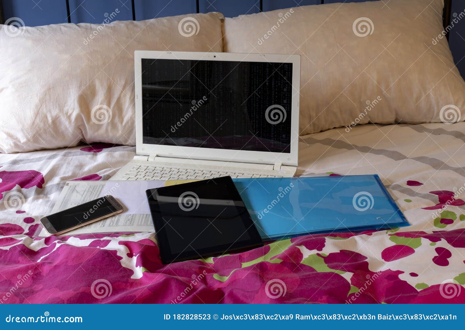 Electronic Devices To Work from Home: Laptop, Phone and Tablet on a Bed ...