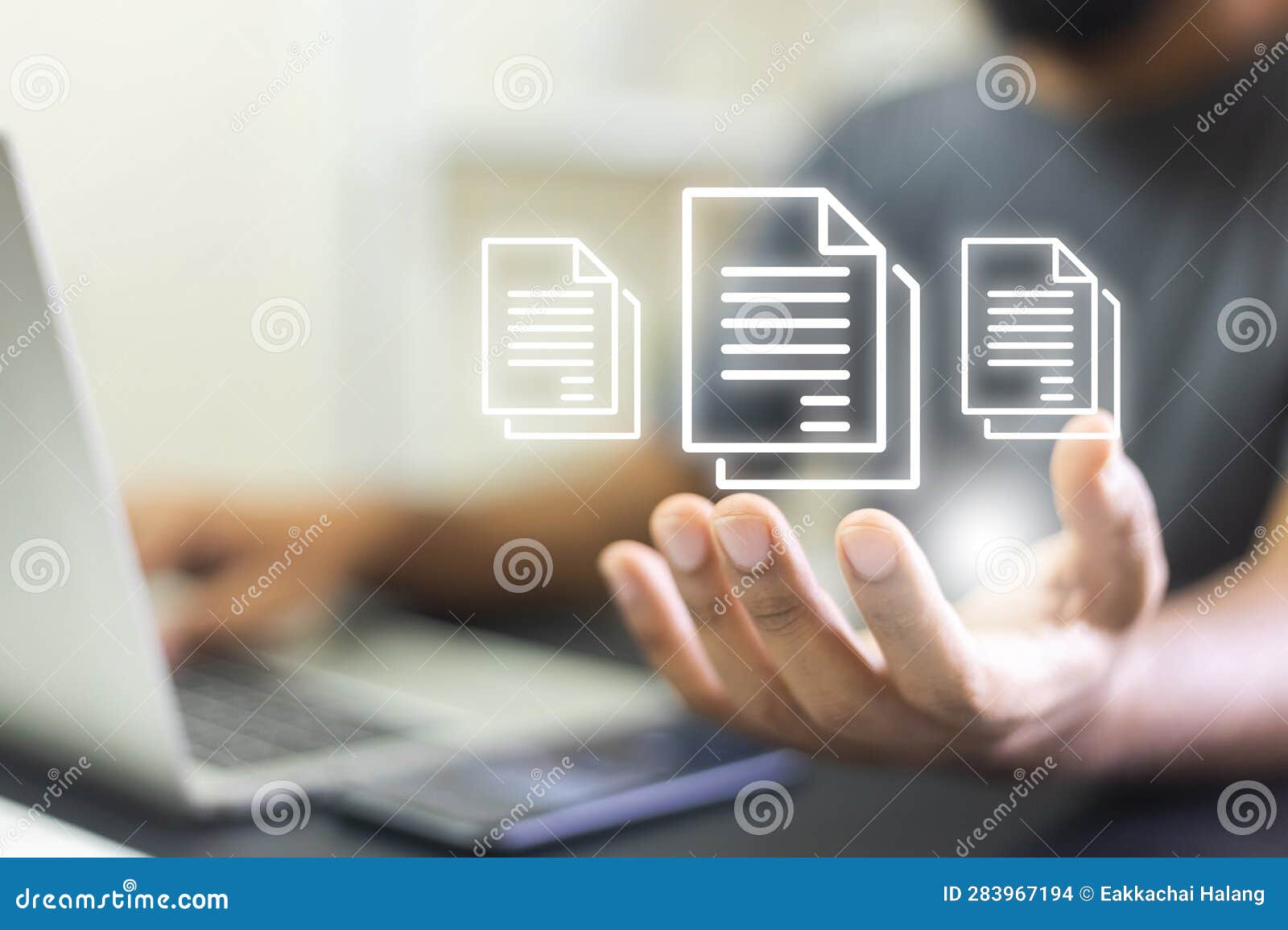 Electronic Document Concept. Businessman Use Laptop with Virtual ...