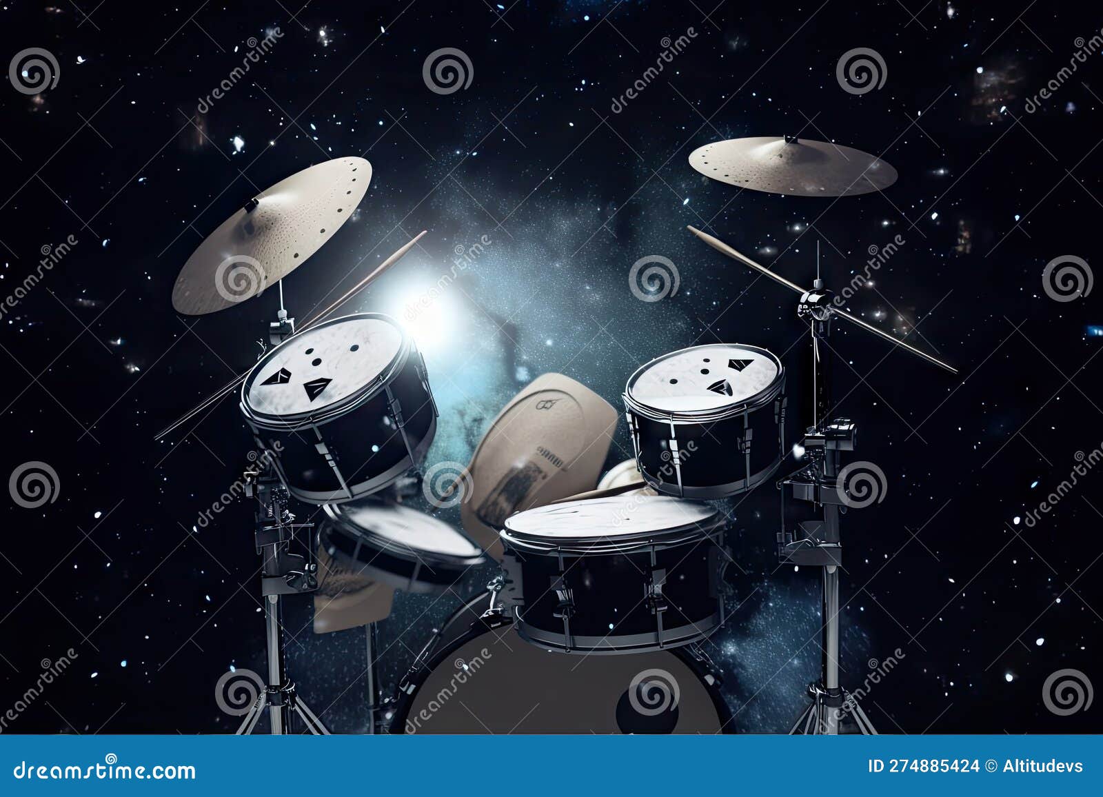 Electronic Drumsticks and Drum Set Floating in Space with Stars Stock Illustration ...