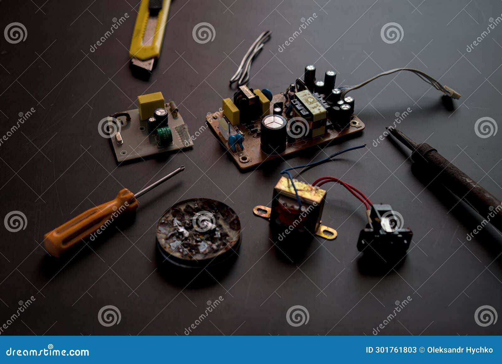 Electronic Elements and Tools on Dark Background Stock Image - Image of ...