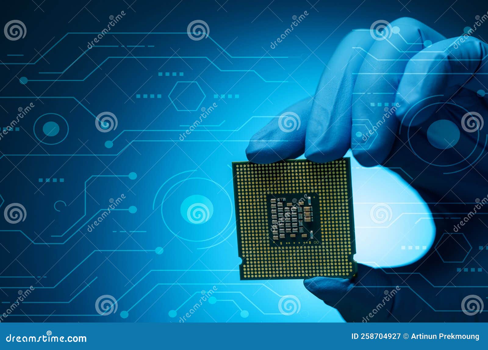 Electronic Engineer Hand Holding Computer Chip on Blue Background ...