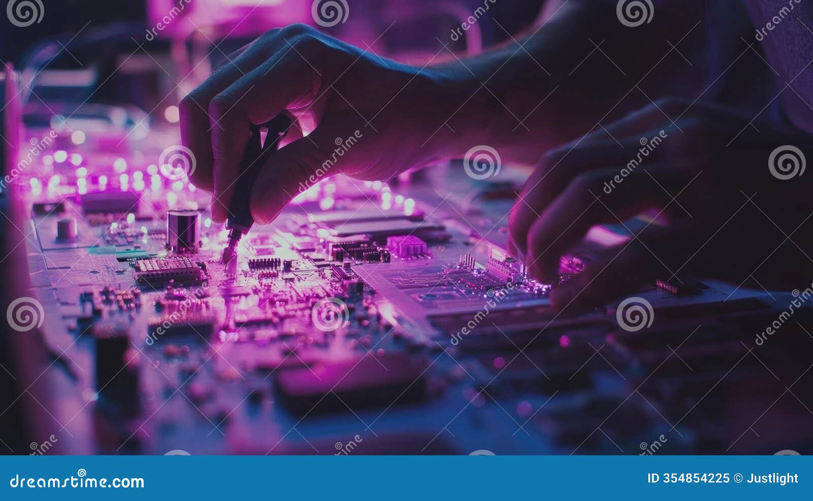 Electronic Engineer Repairing Motherboard in Neon Light Stock ...