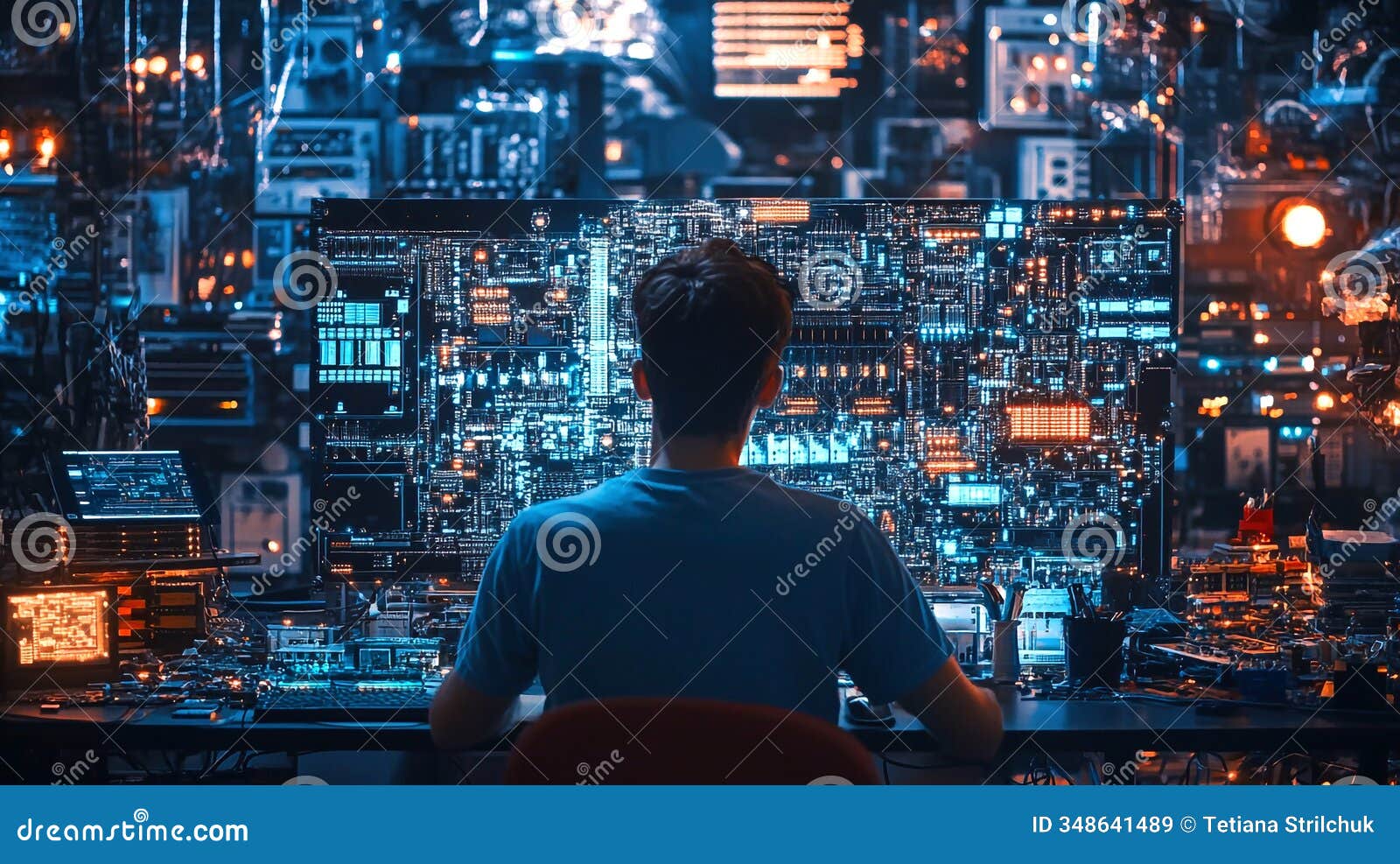 An Electronic Engineer Working with Computer Technology, Viewed from ...