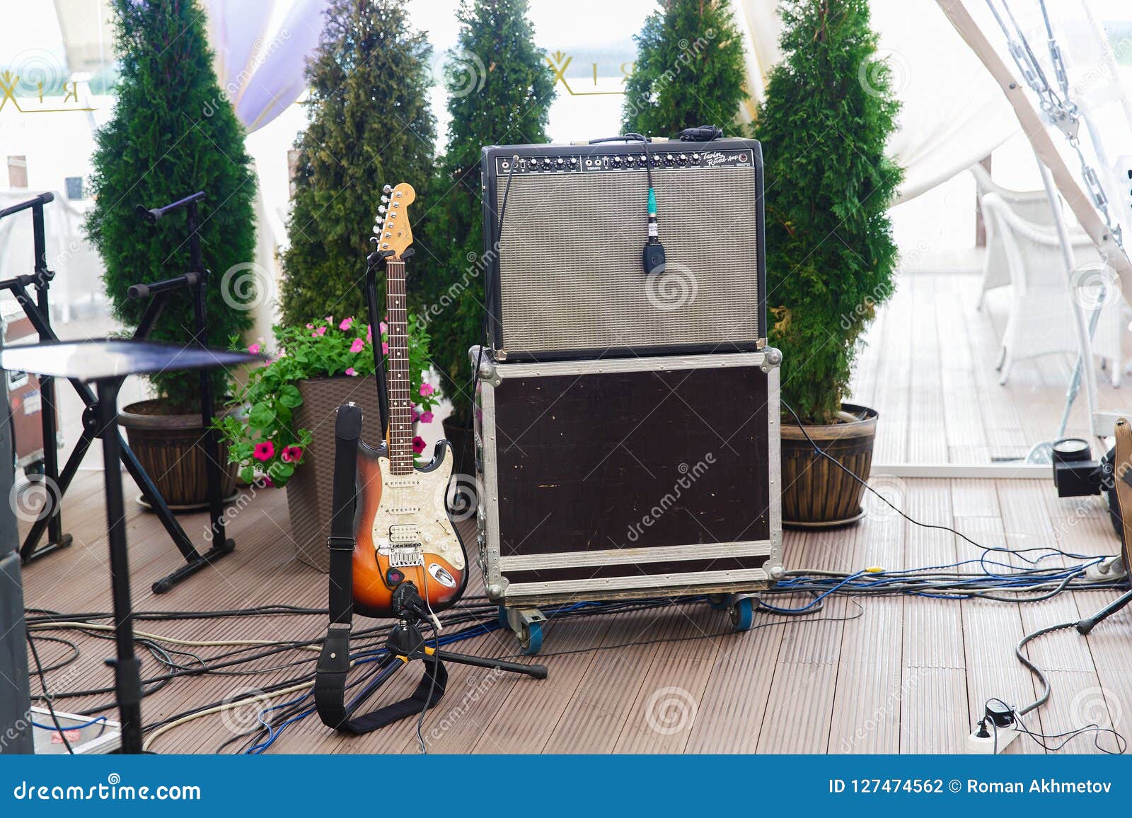 Electronic Guitar, Speaker and Microphone Stand in the Restaurant Stock ...
