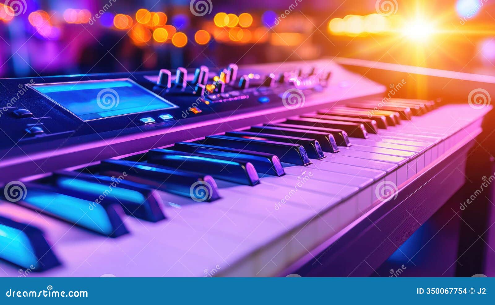 Electronic Keyboard on Stage with Vibrant Lighting and Bokeh Background ...