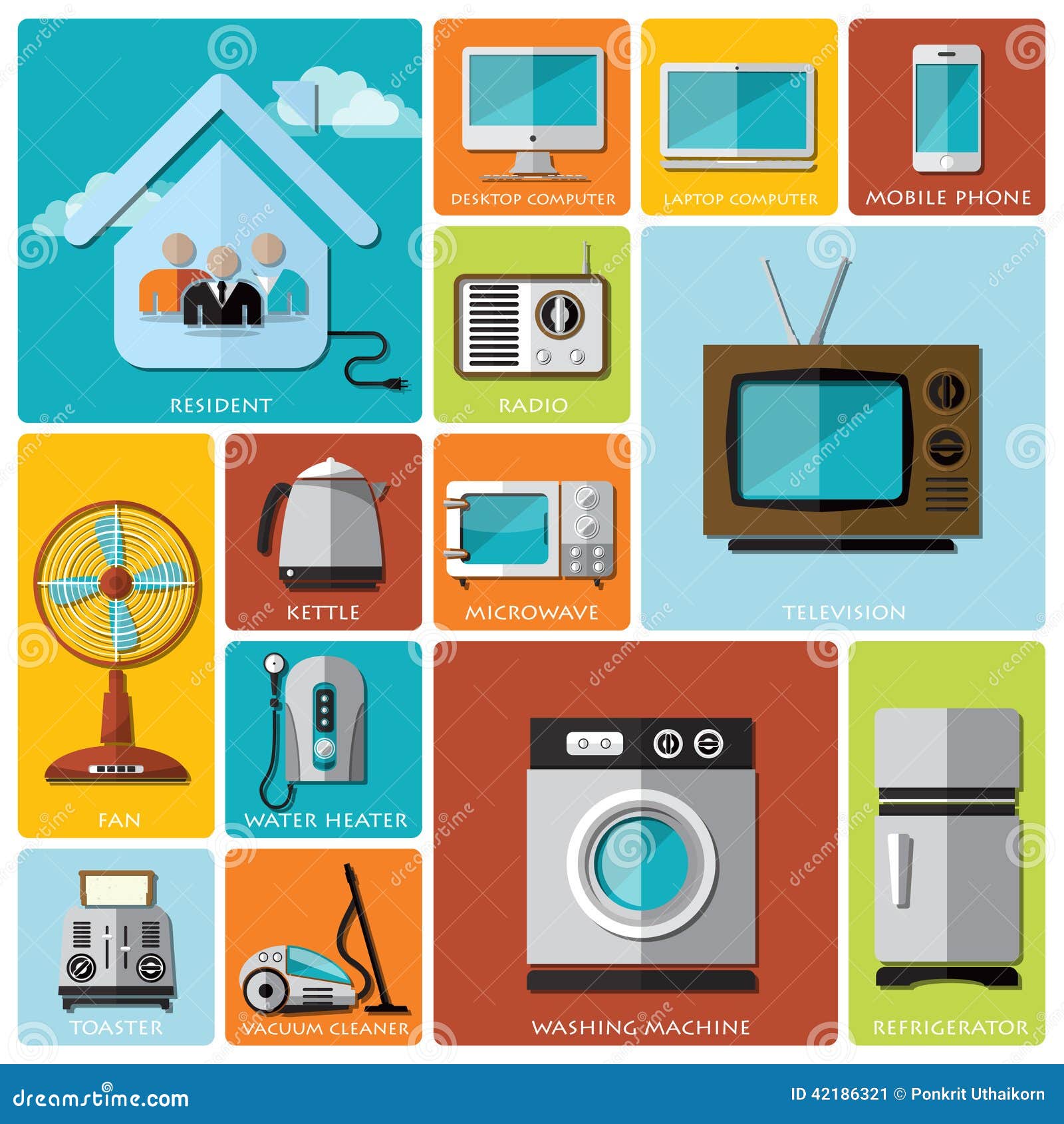 Electronic Machine and House Flat Icon Set Stock Vector - Illustration ...