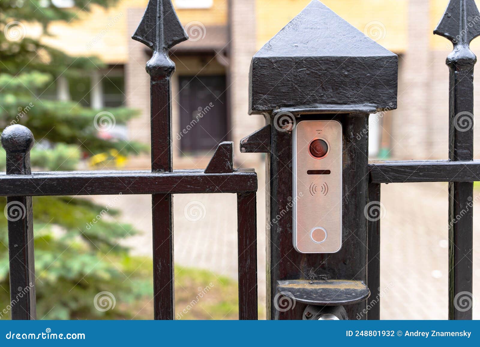 Intercom Panel with a Video Camera on the Brick Fence of Private House ...