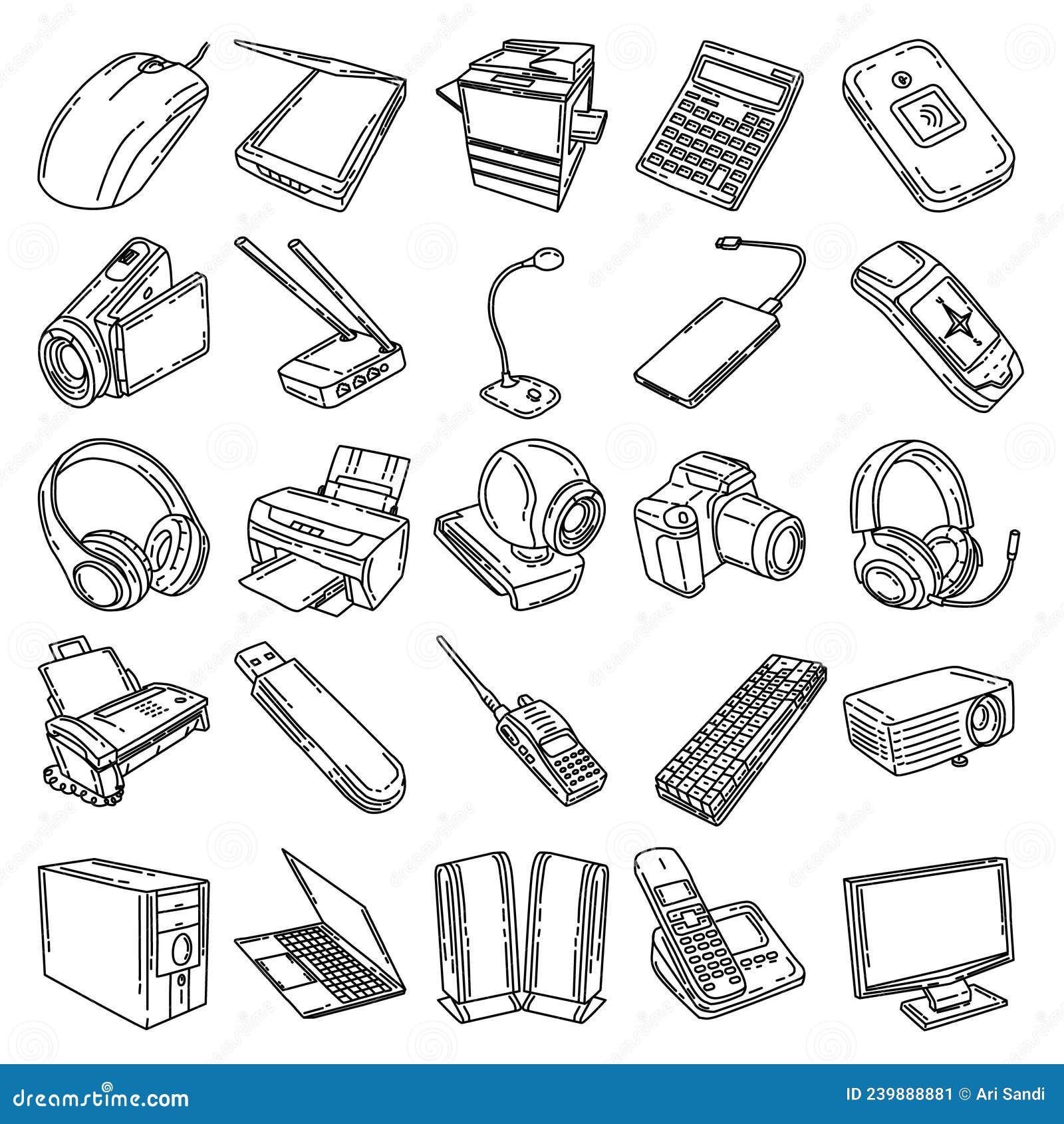 Electronic for Office Device Set Icon Vector Doodle Hand Drawn or ...