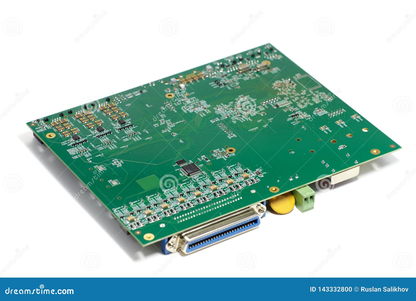 Electronic Printed Circuit Board with Chips and Other Components, Green ...