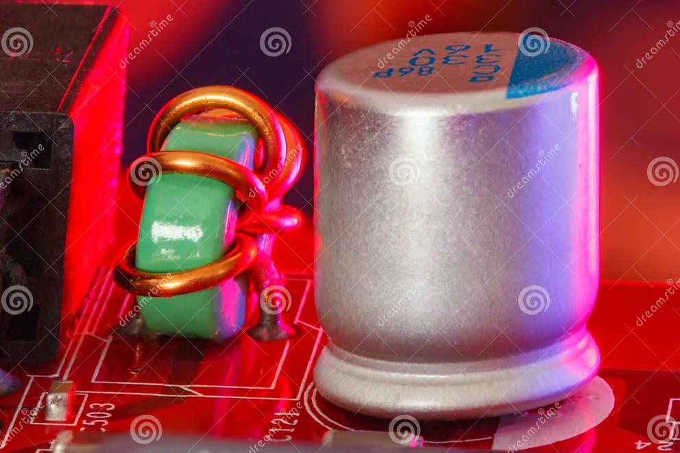 Electronic Printed Circuit Board with Electronic Components in Red ...