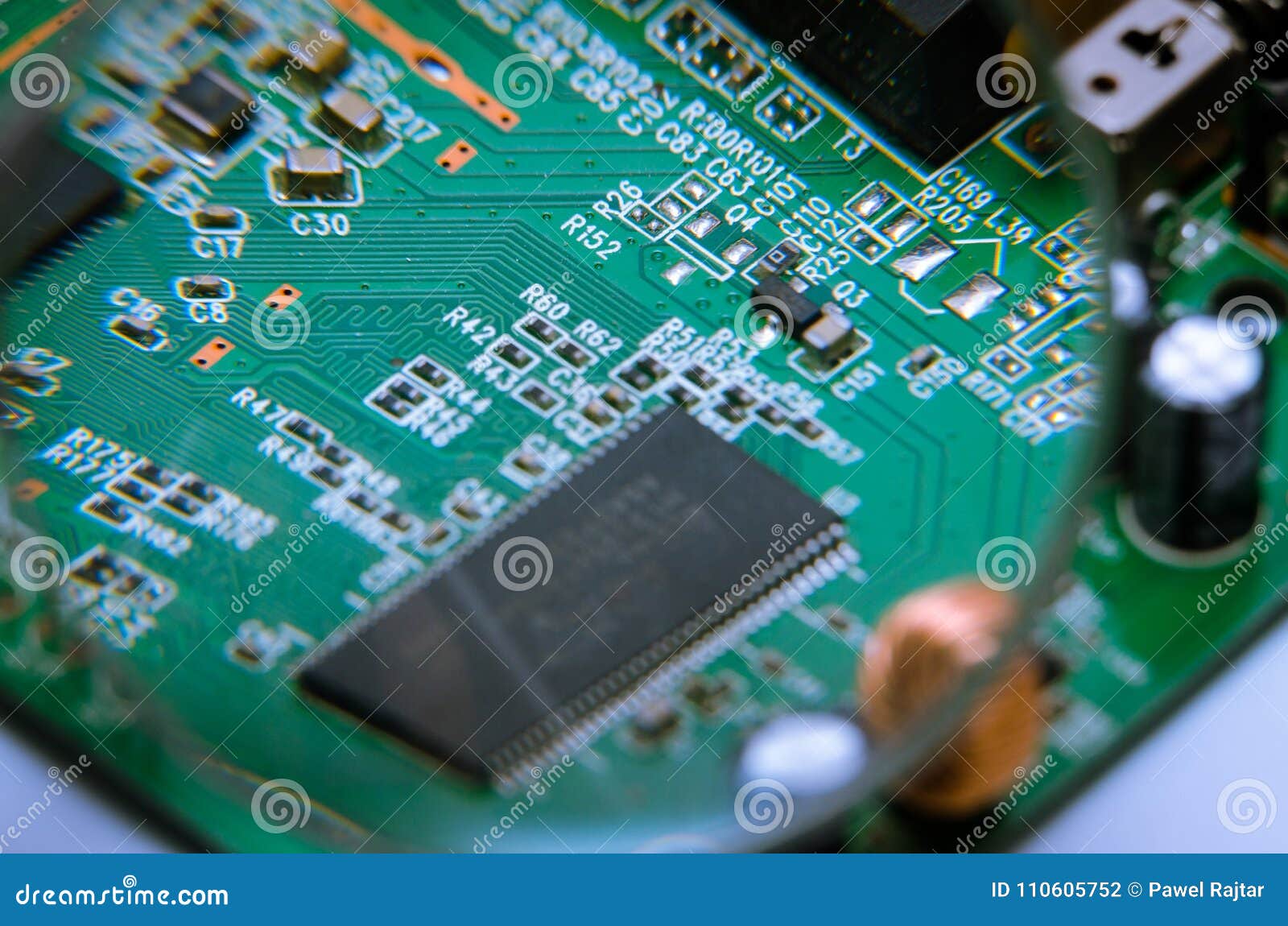 Electronic Printed Circuit Board with Soldered Cable. View through a ...