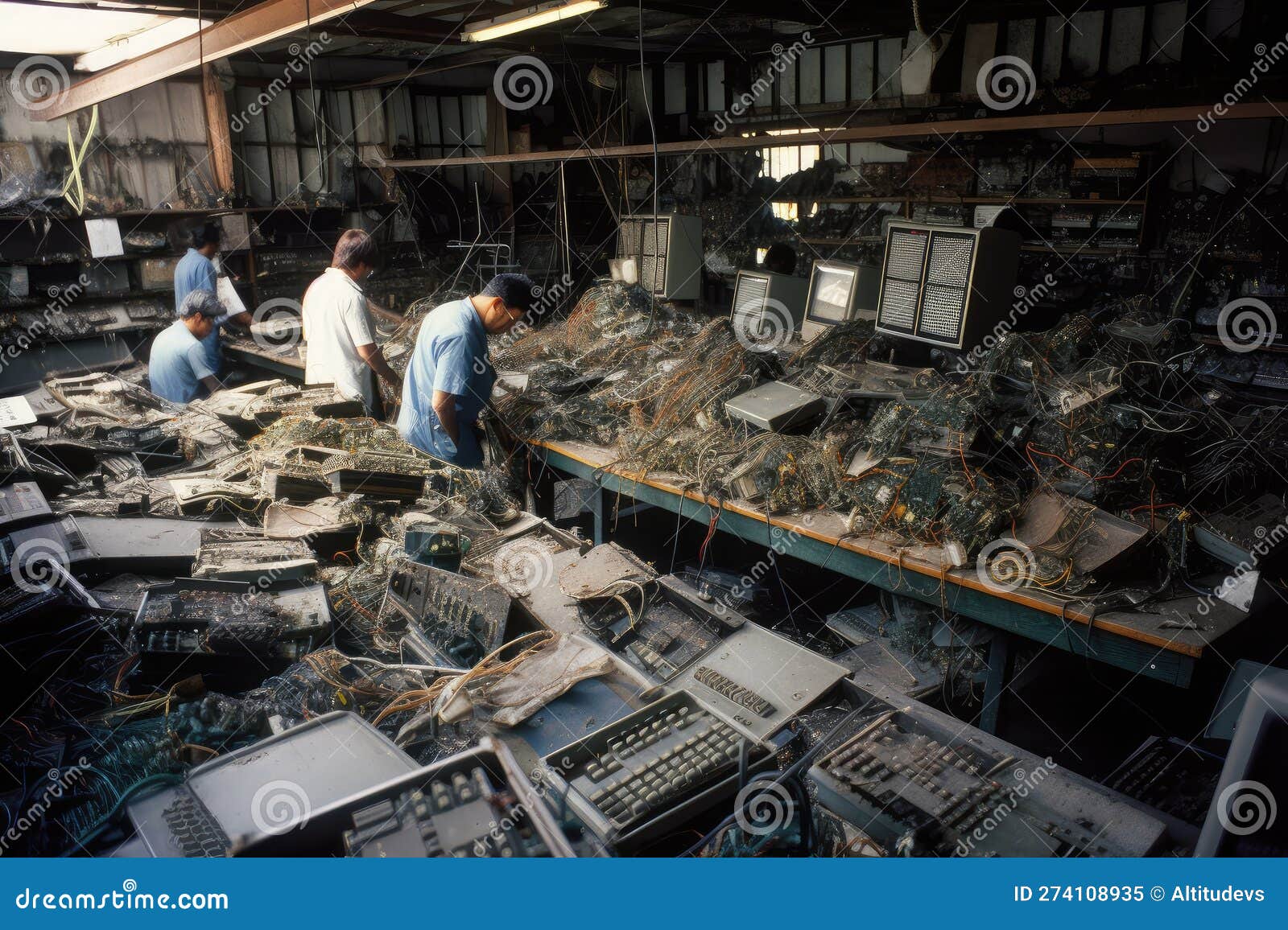 Electronic Recycling Facility, With Workers Dismantling And Disposing ...