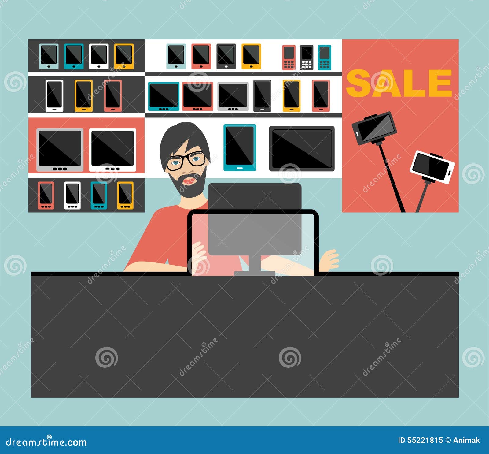 Salesperson At Supermarket, Selling Computer, Smartphone, Laptop ...