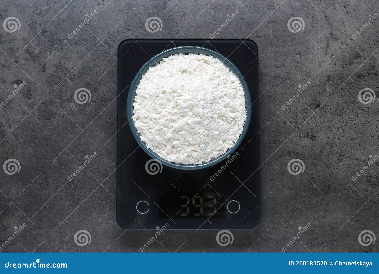 Electronic Scales with Flour on Grey Table, Top View Stock Photo ...