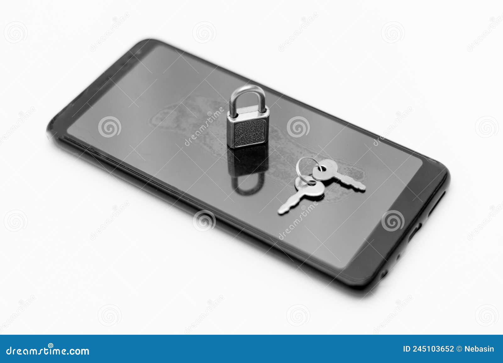 Electronic Security and Data Protection Concept. Mobile Phone and Key ...