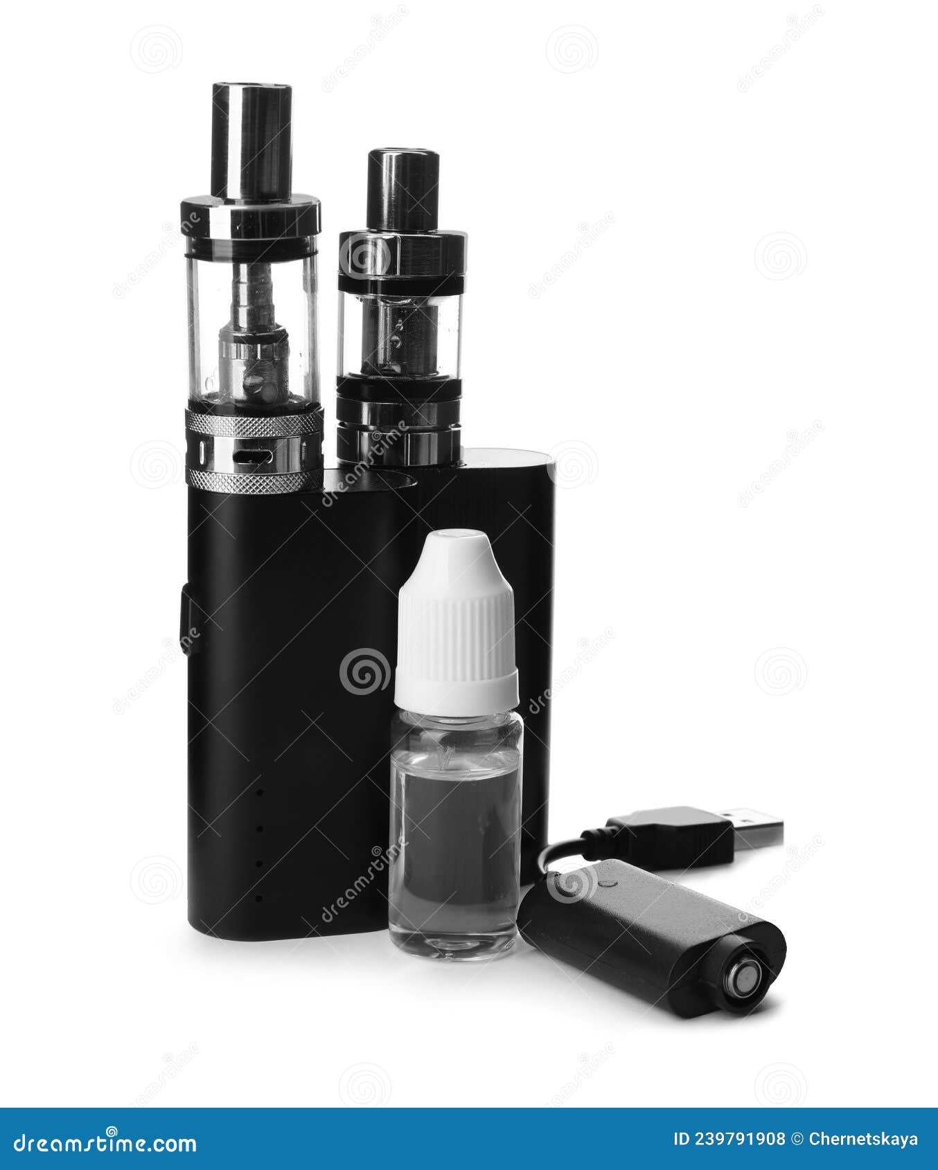 Electronic Smoking Devices, Vaping Liquid and Charger on White ...