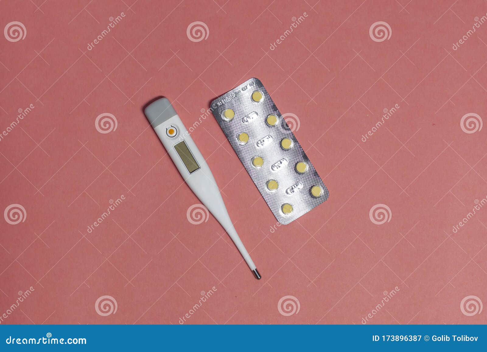 Electronic Thermometer and Pill on the Background Stock Image - Image ...