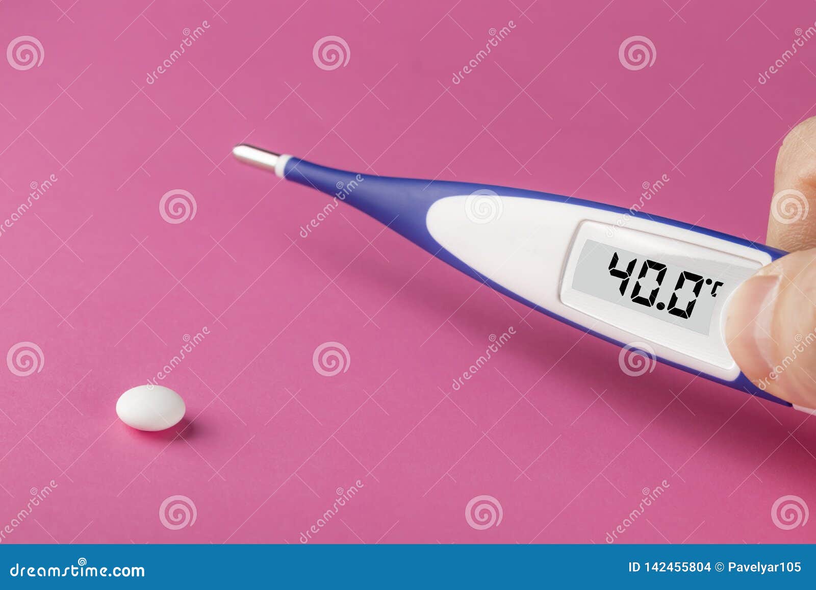 Electronic Thermometer and Pill on a Pink Background. High Temperature ...