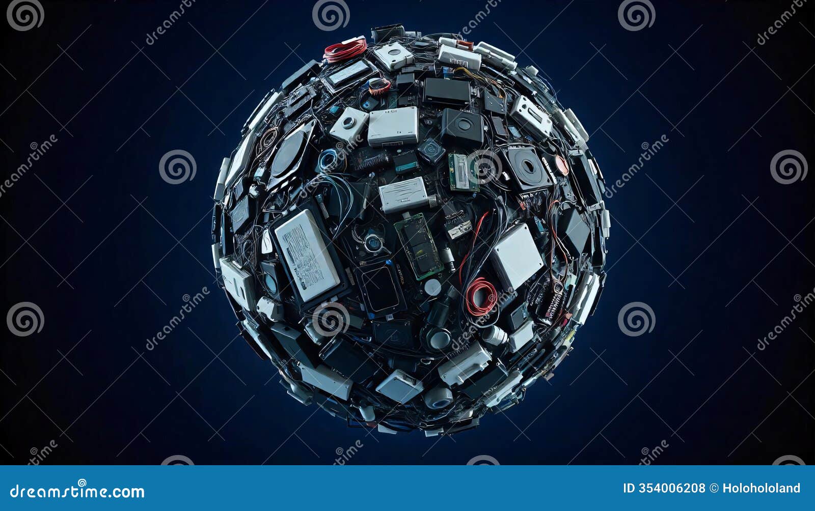 Electronic Waste that Forms the Shape of the World. on a Dark Blue ...