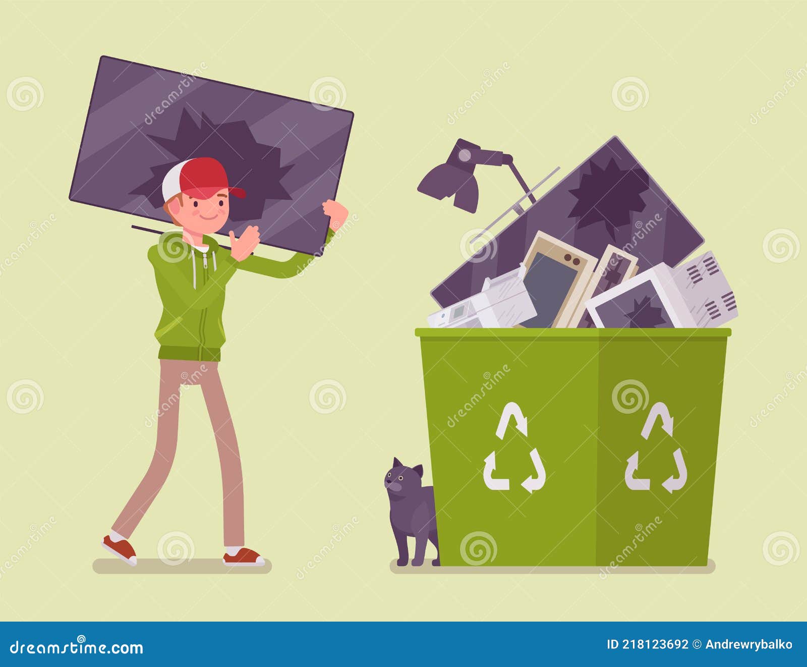 Electronic Waste And Red Recycling Plastic Bin Isolated On White ...