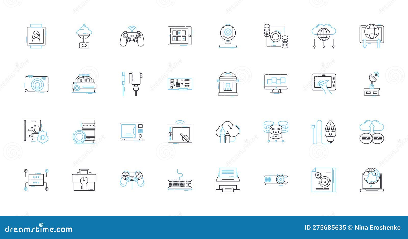 Electronic Workplaces Linear Icons Set. Digitized, Automated ...