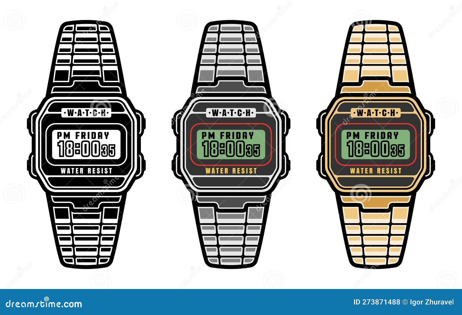 Electronic Wrist Watch Vector Set of Objects in Black, Gold and Chrome ...
