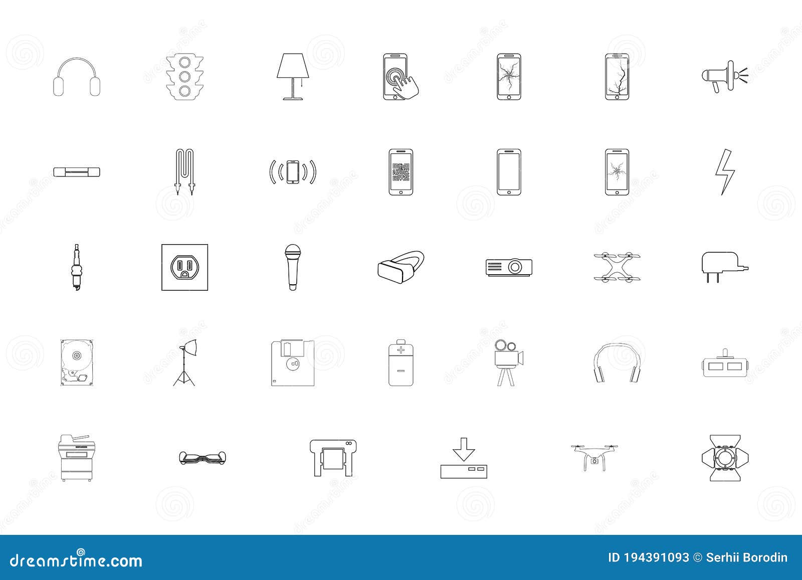 Electronics Black Color Set Outline Style Flat Vector Image Stock ...