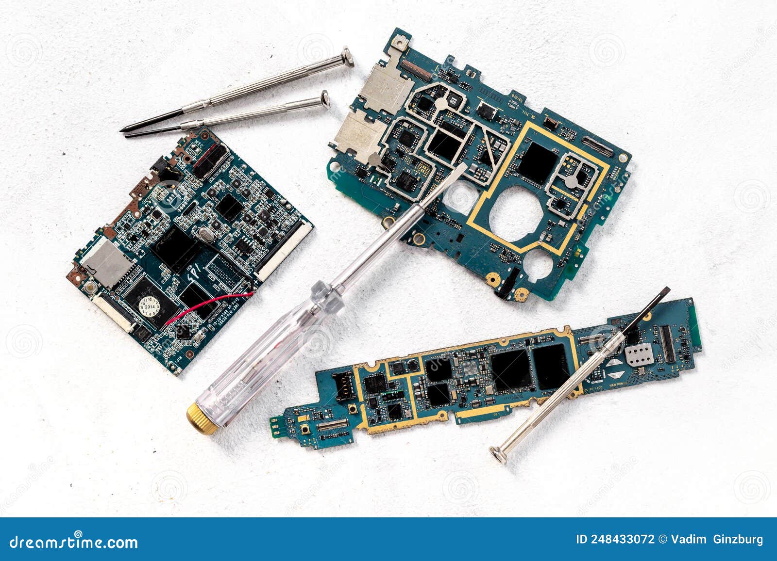 Electronics Checkup - Circuit Board with Microchips and Tools, Top View ...
