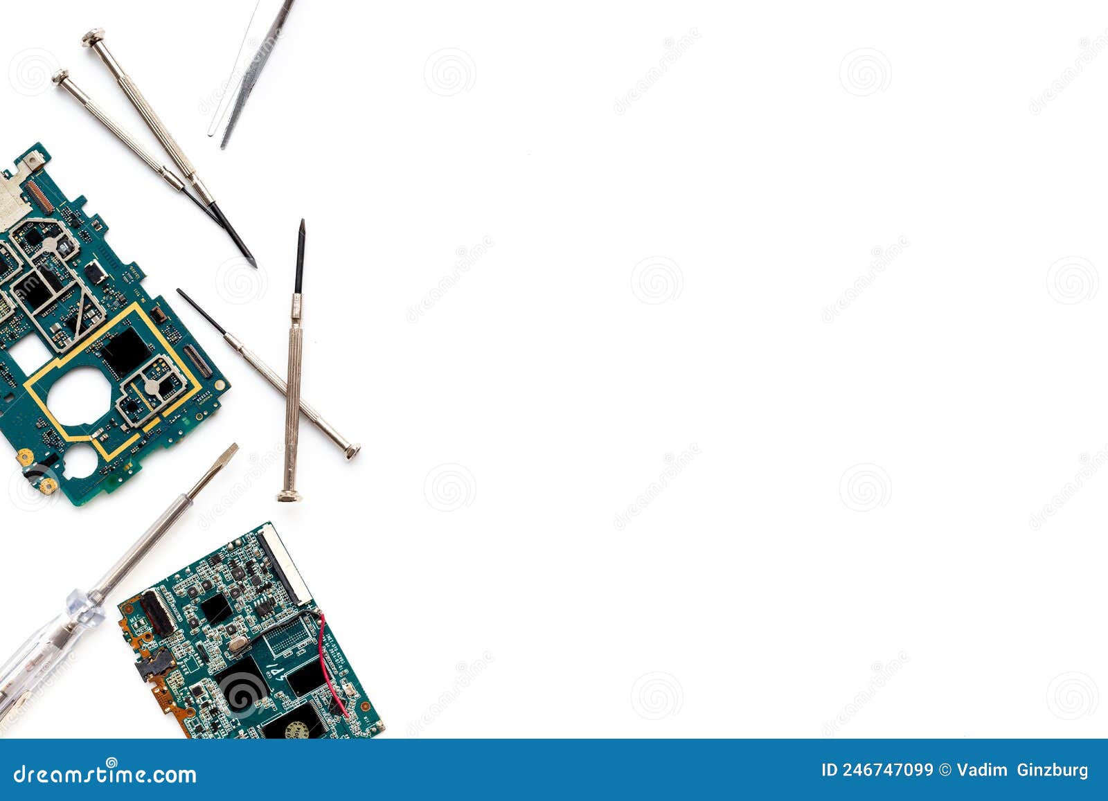 Electronics Checkup - Circuit Board with Microchips and Tools, Top View ...