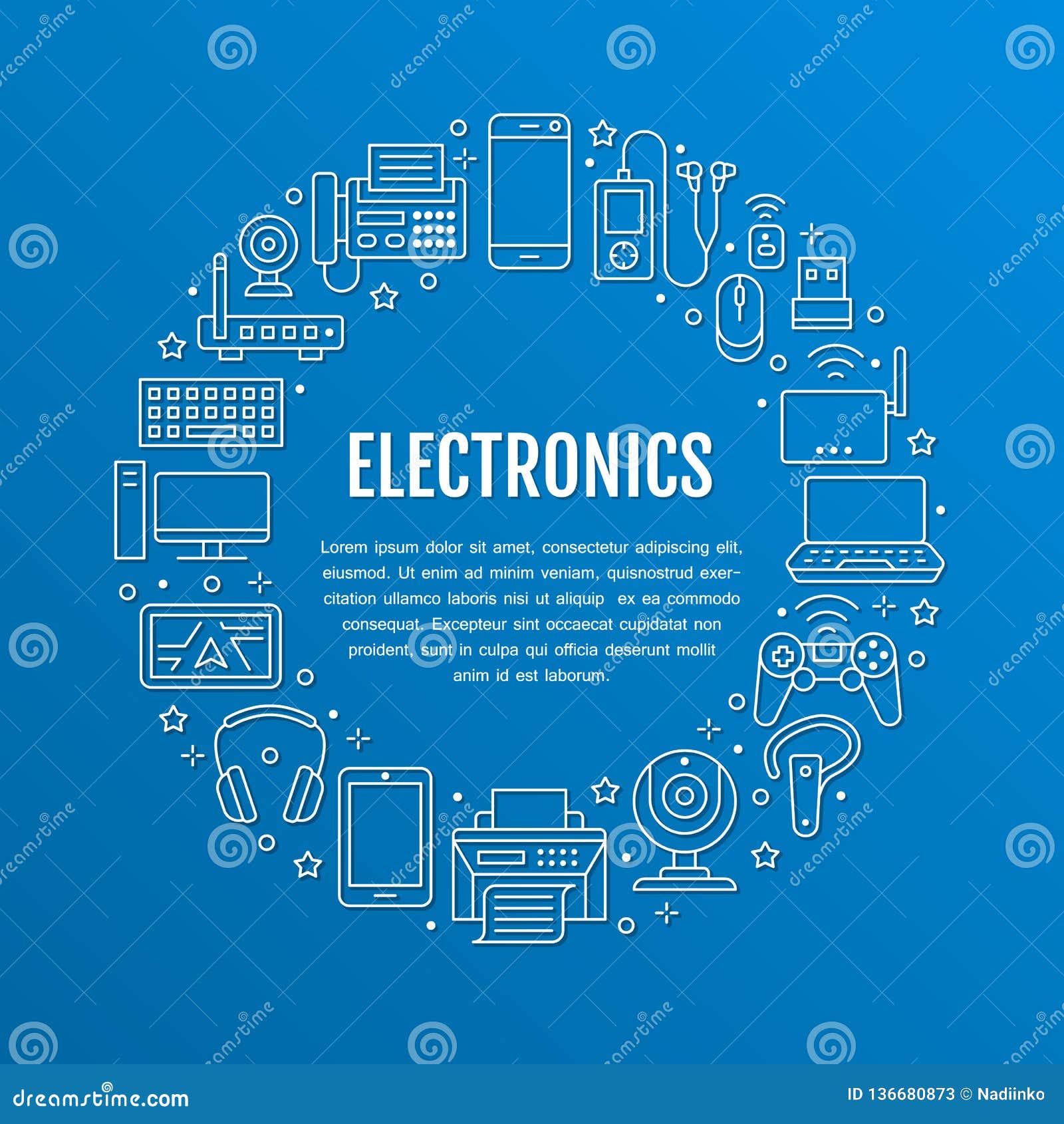 Electronics Circle Poster with Flat Line Icons. Wifi Internet ...