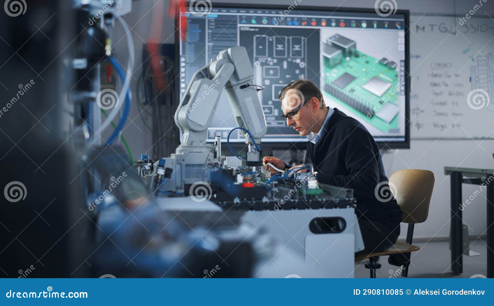 Electronics Engineer Works with Robot, Examining Circuits Using ...