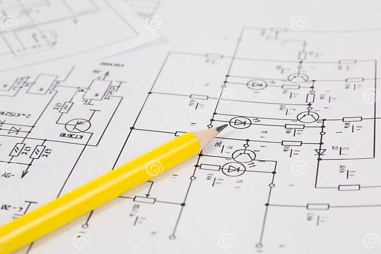 Electronics and Engineering. Pencil on Printed Drawings of Elect Stock ...