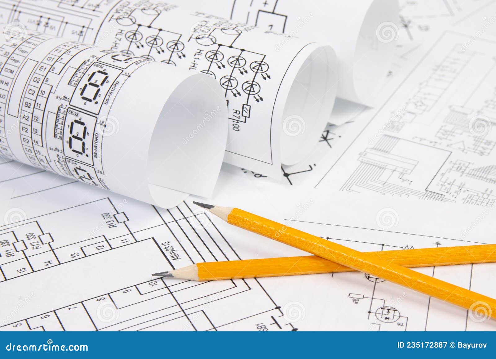 Electronics and Engineering. Pencil on Printed Drawings of Electrical ...