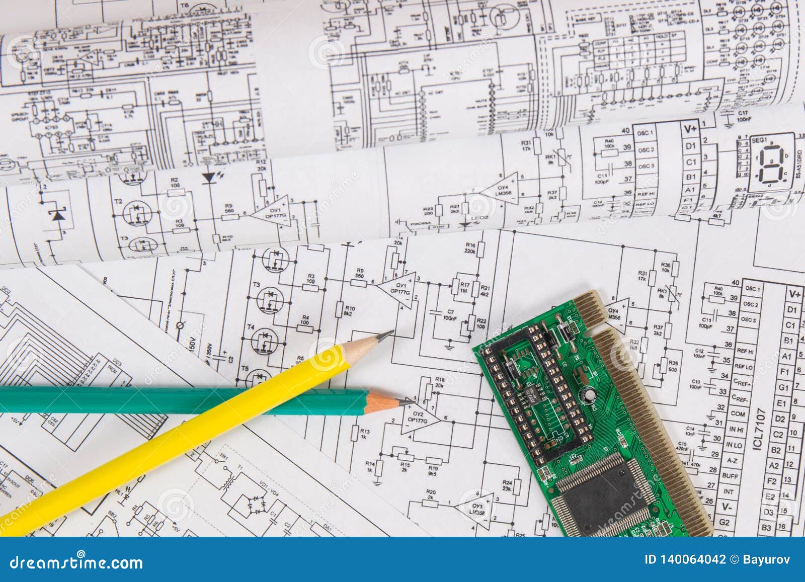 Printed Drawings of Electrical Circuits, Electronic Board and Pencils ...