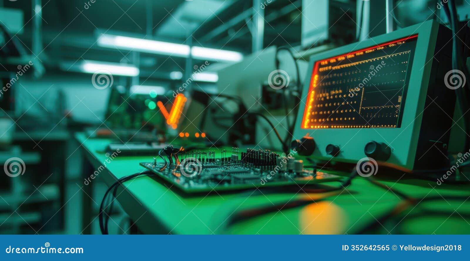 Electronics Laboratory with Circuit Board and Oscilloscope on Green ...