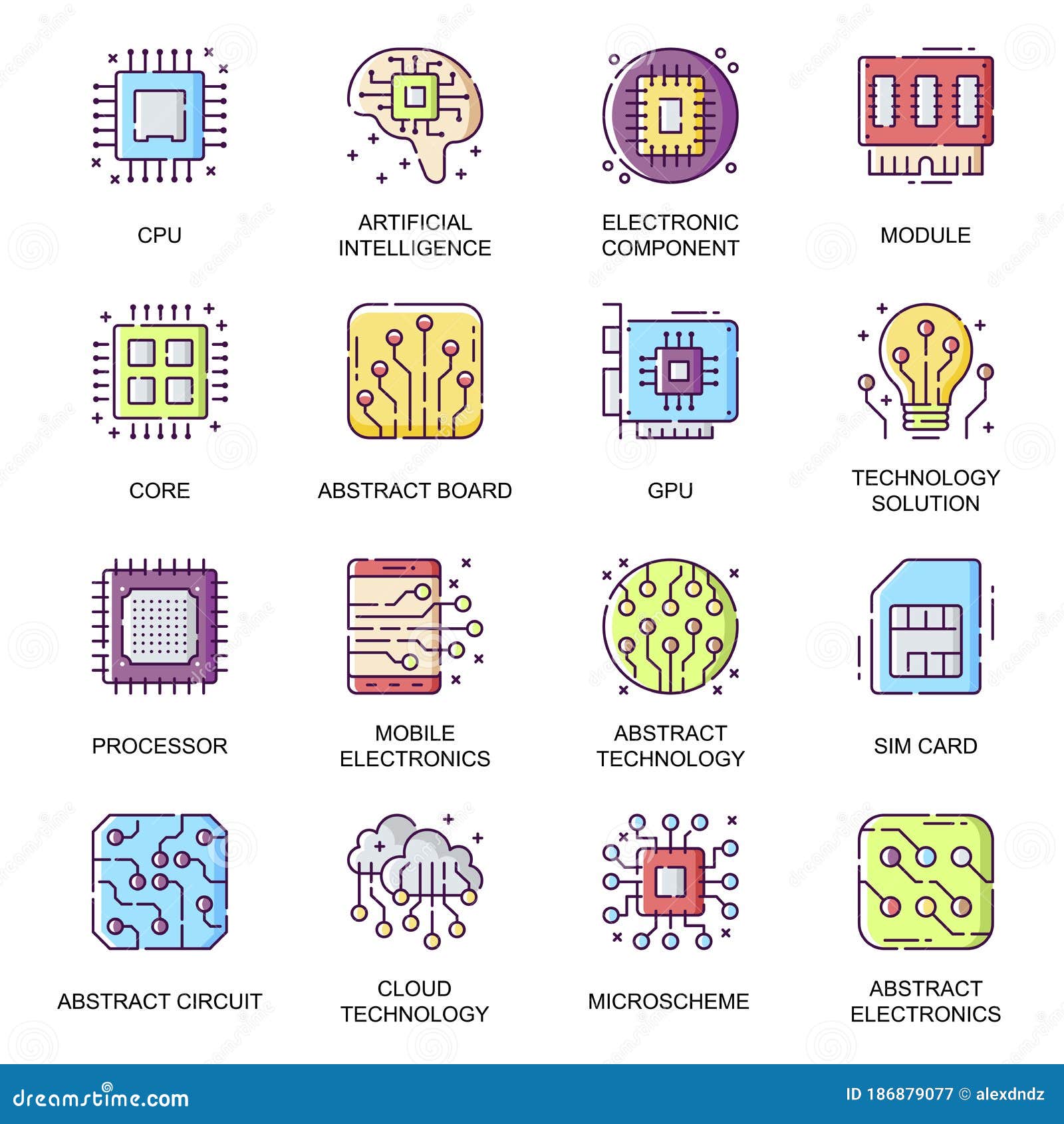 Electronics Parts Flat Icons Set. Stock Vector - Illustration of module ...