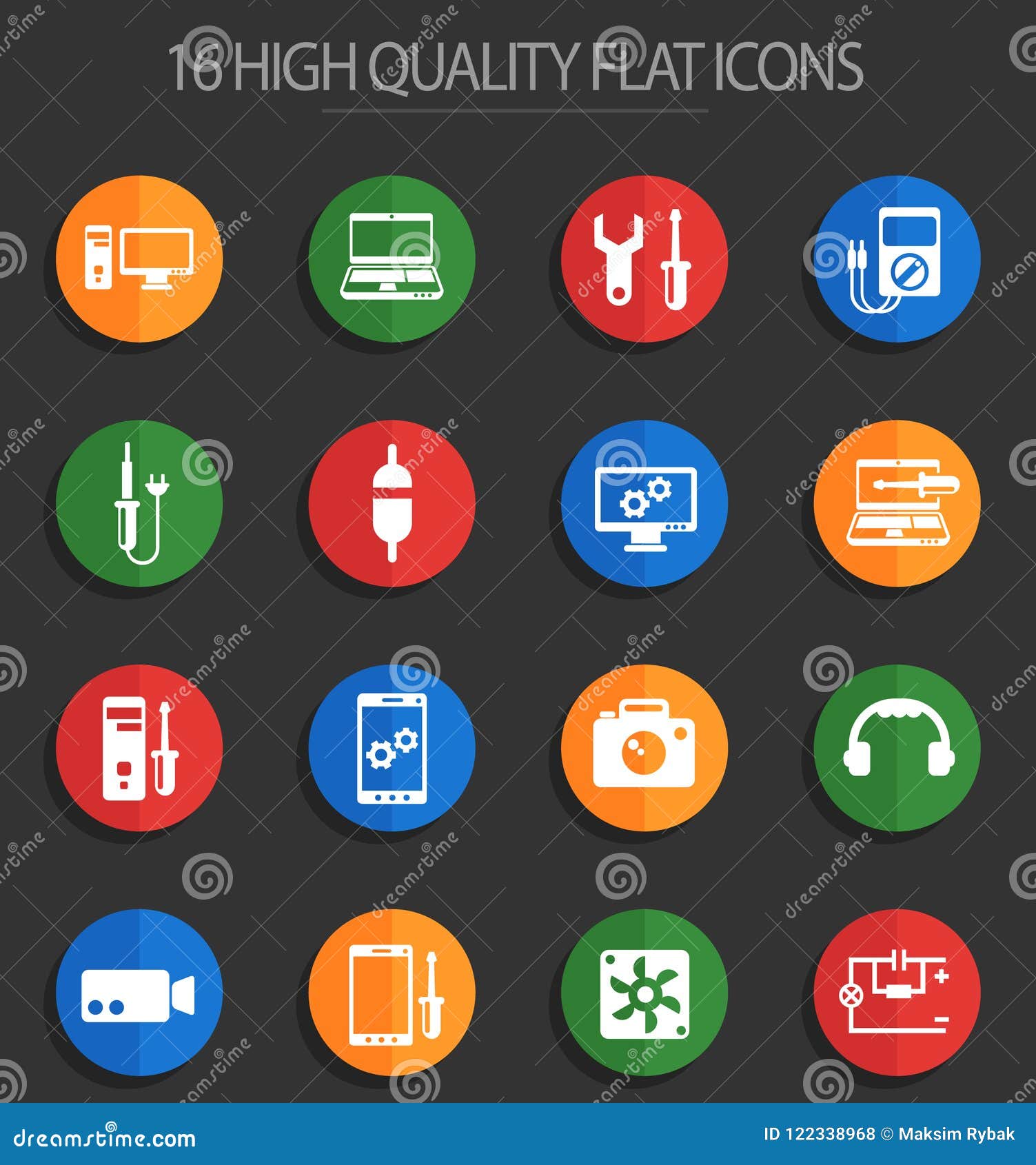 Electronics Repair 16 Flat Icons Stock Vector - Illustration of monitor ...