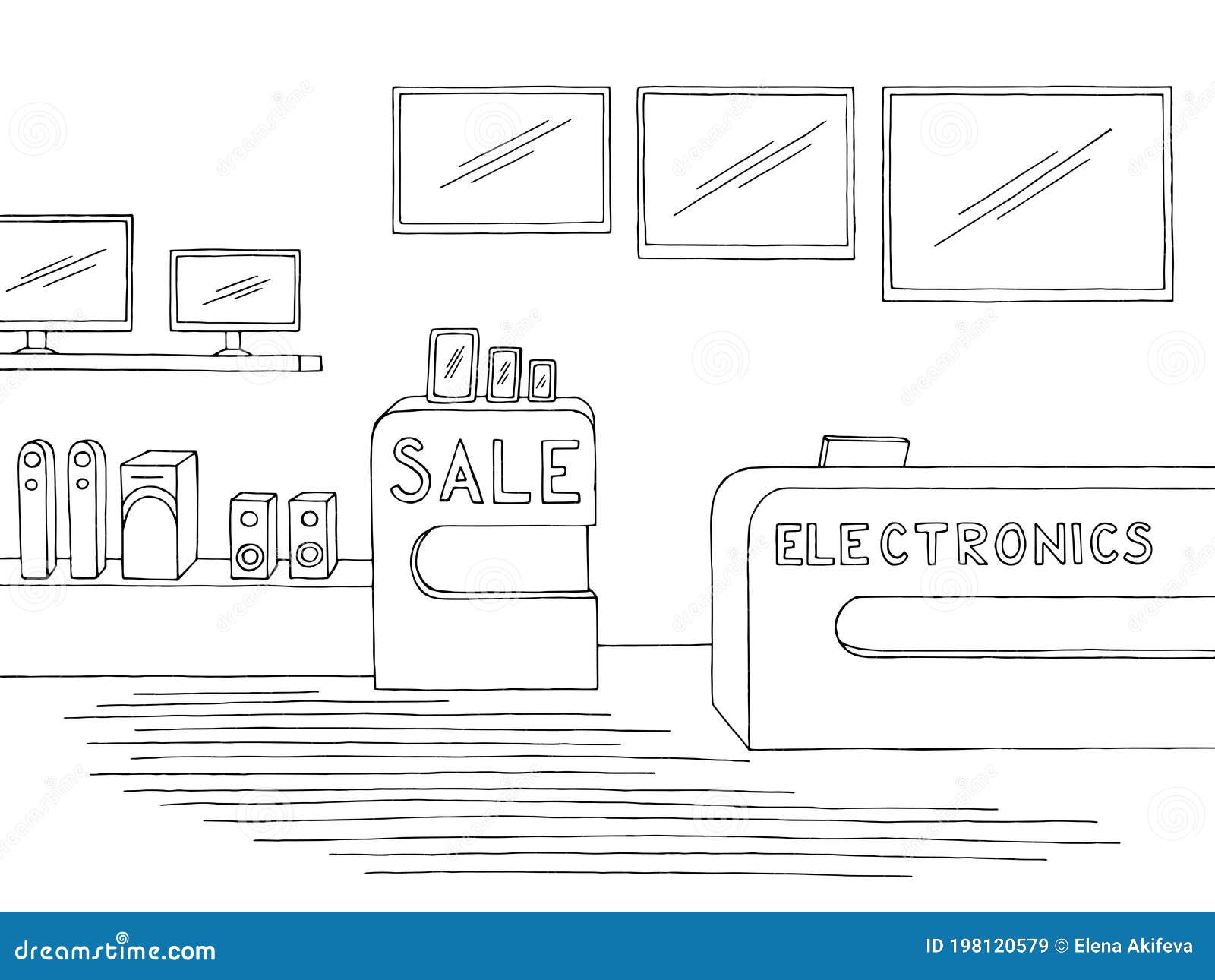 Electronics Store Interior Graphic Black White Sketch Illustration ...