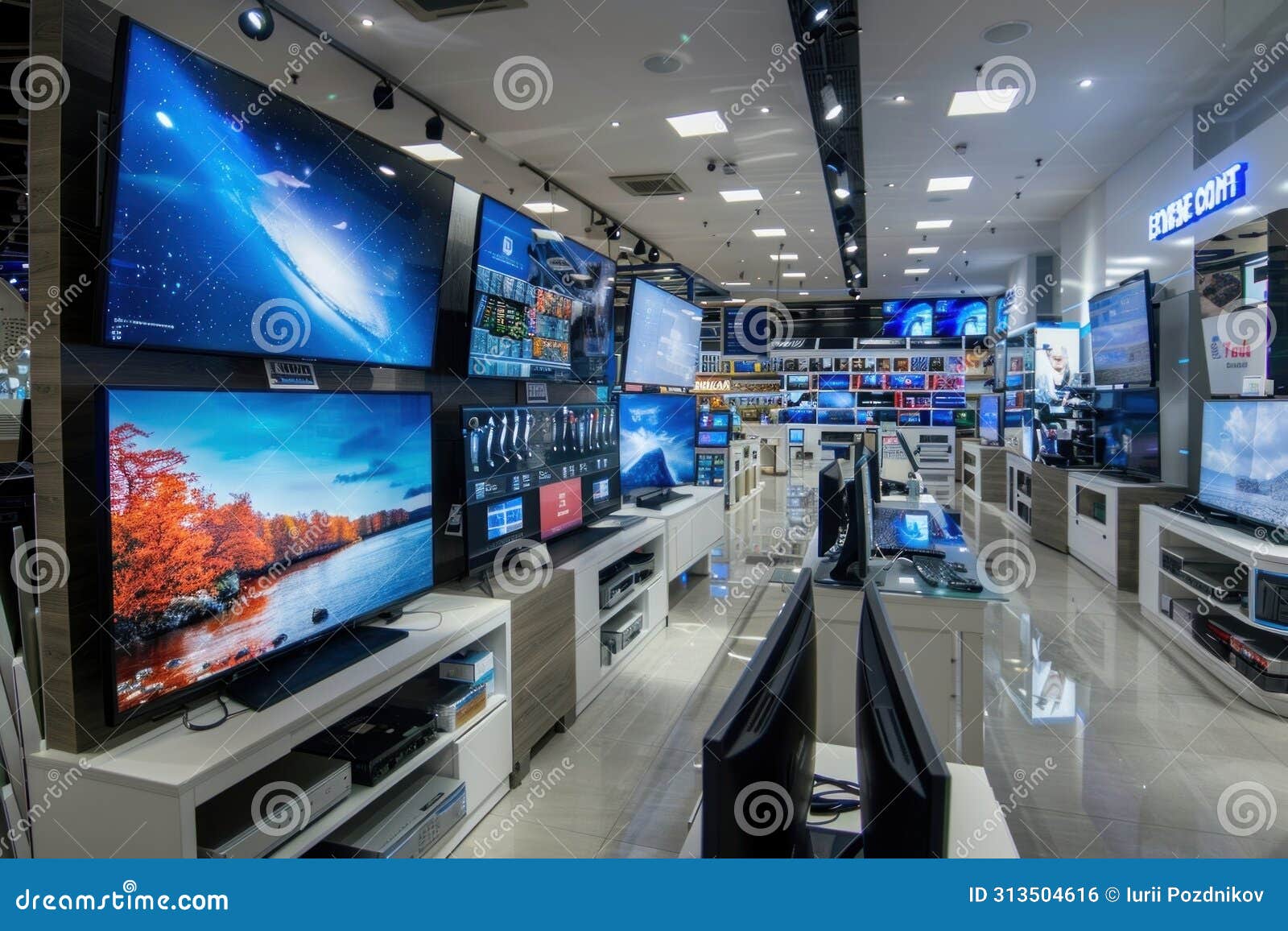 Electronics Store Interior with Large 4k Ultra HD Televisions on ...