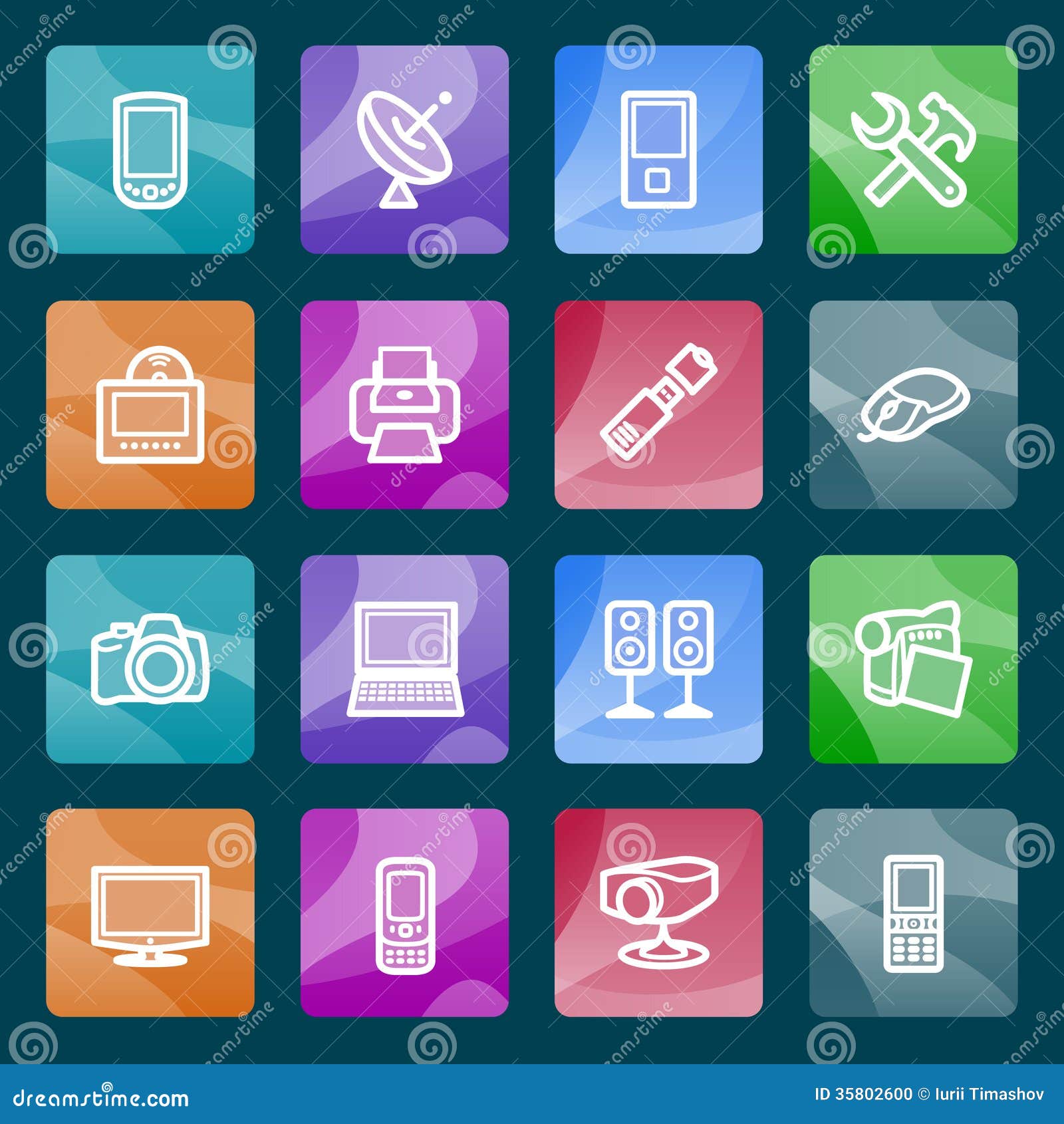 Electronics White Icons on Color Buttons. Stock Vector - Illustration ...