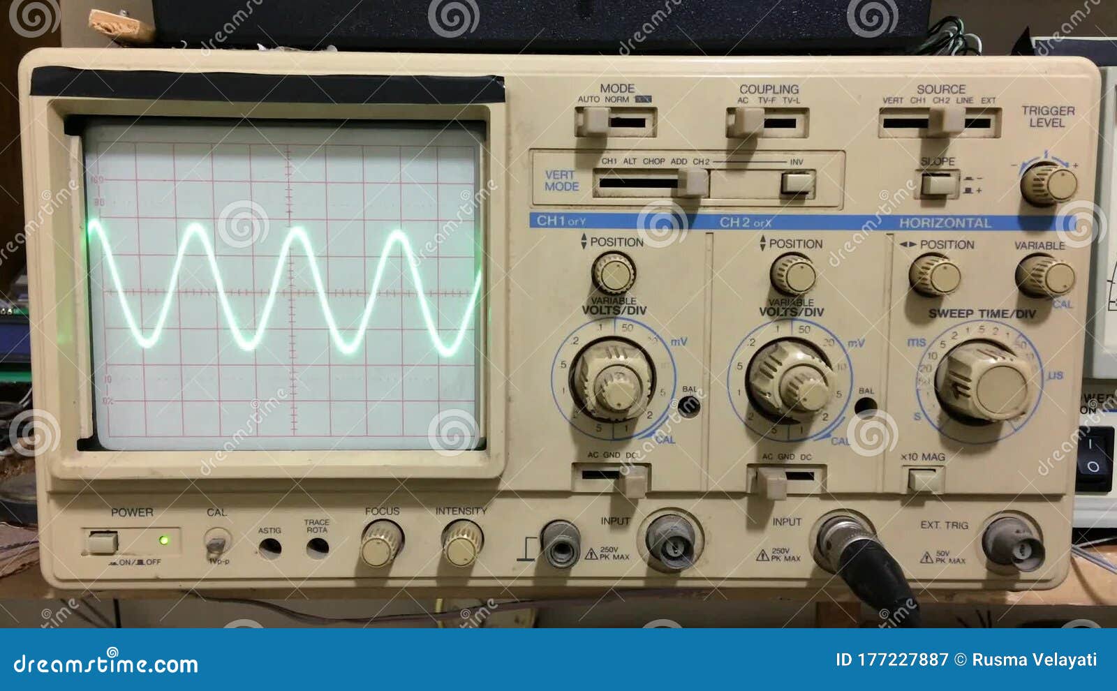 Electronics Working with Oscilloscope and Sine Wave Shown on ...