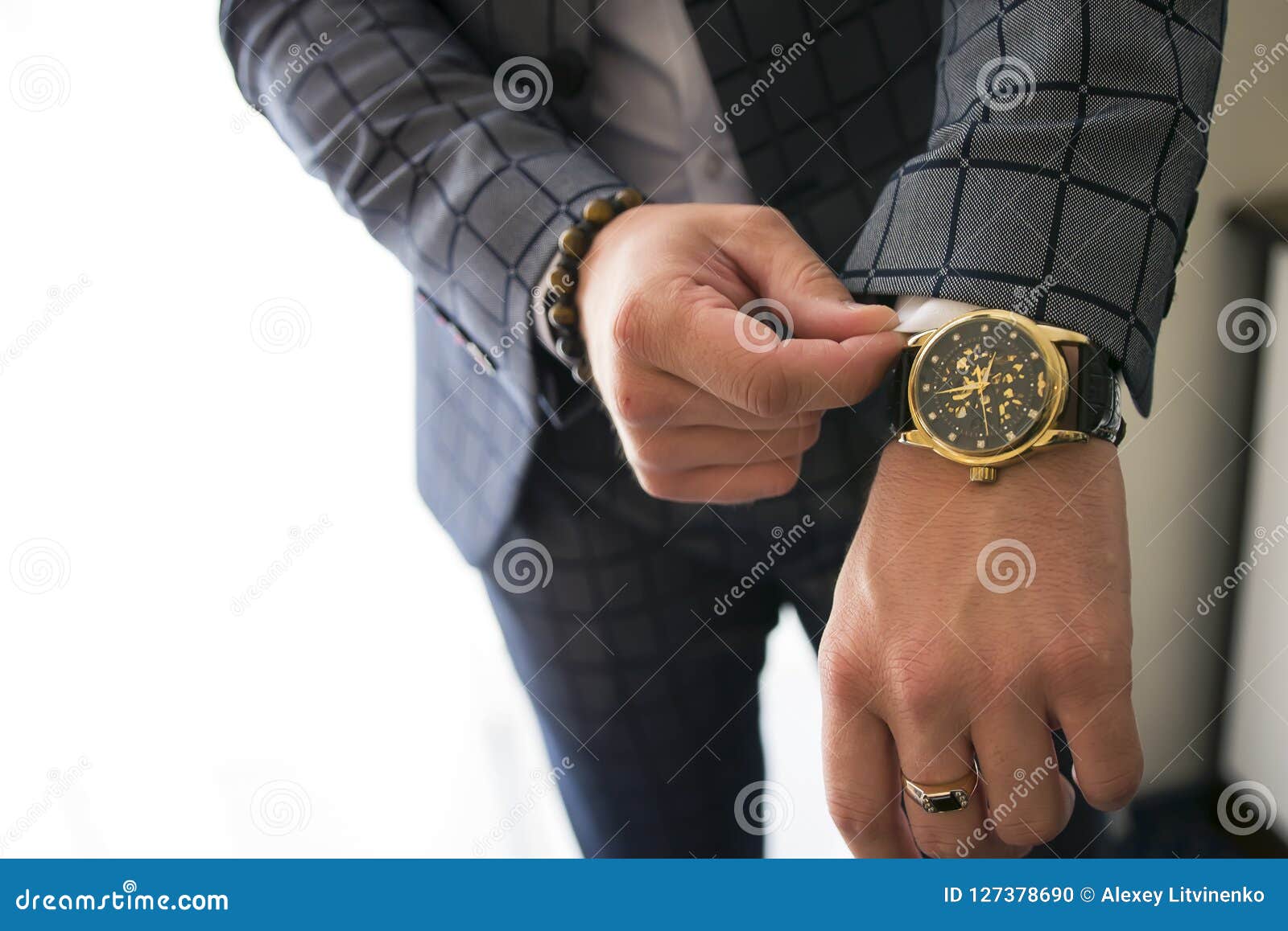 Elegance Man Hands with Ring and Watch Stock Photo - Image of finger ...