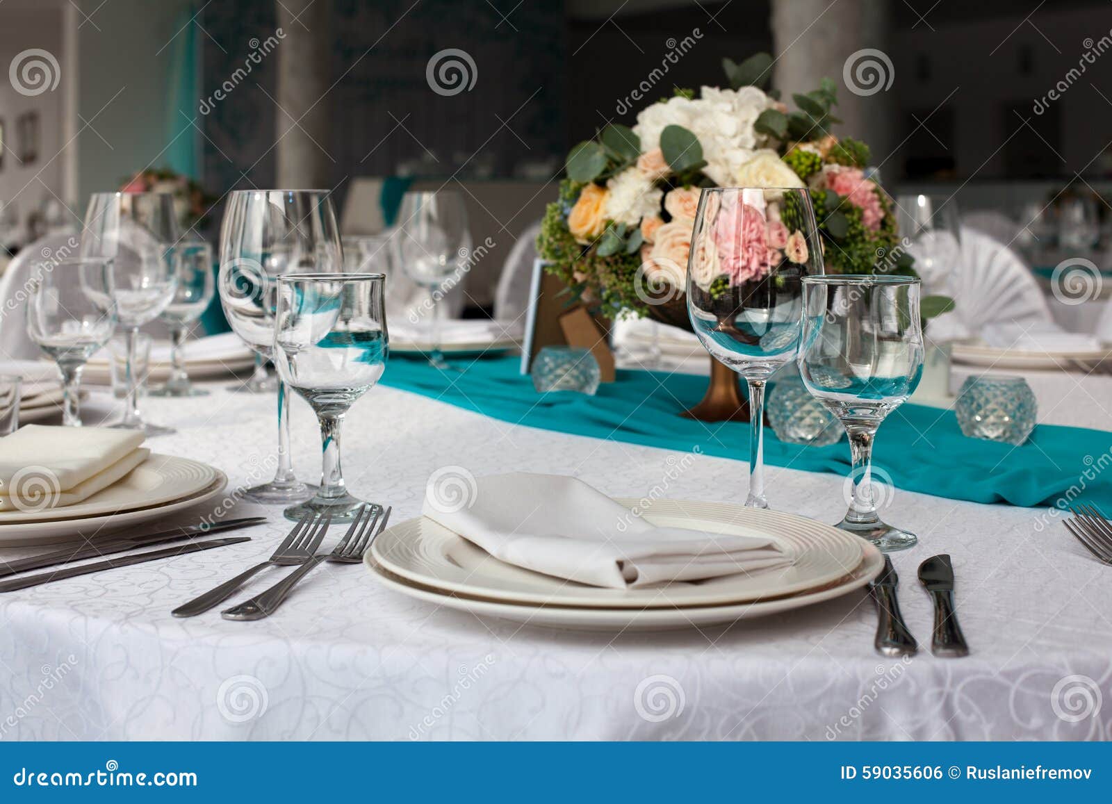 Elegance Table Set Up for Wedding in Turquoise Stock Photo - Image of ...