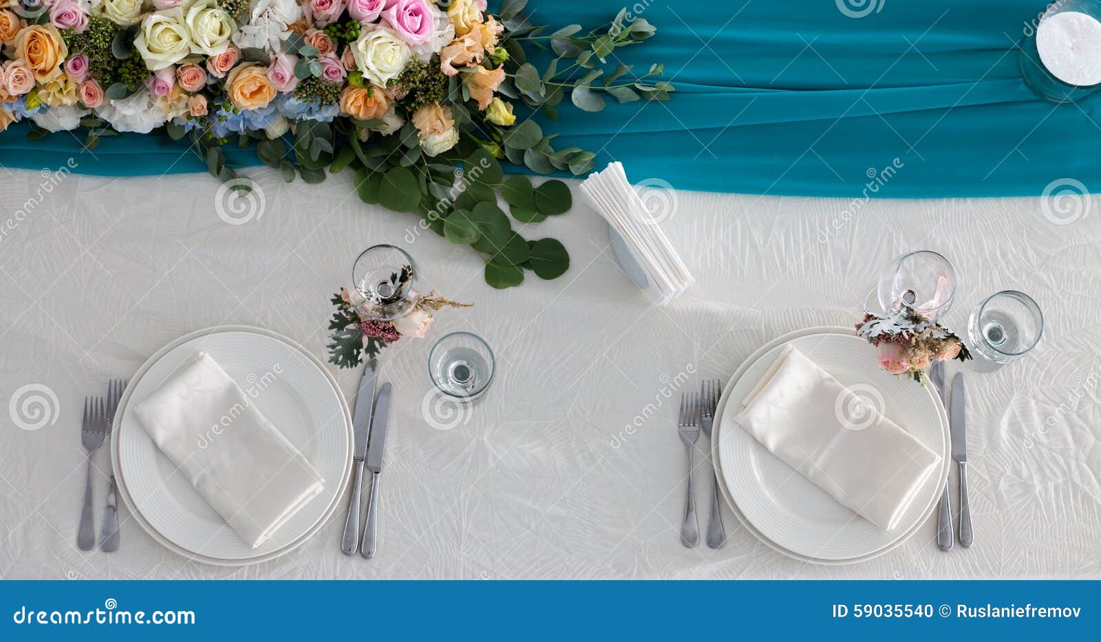Elegance Table Set Up for Wedding in Turquoise Top View Stock Photo ...